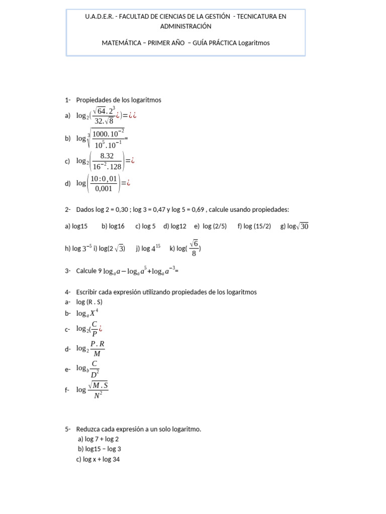 Guia Propiedades de Los Logaritmos | PDF