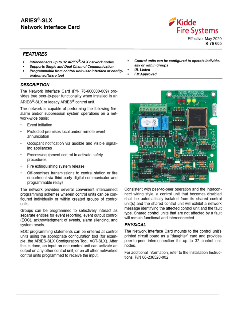 Kidde ARIES-SLX Network Interface Card K-76-605 | PDF | Computer Network | Computing