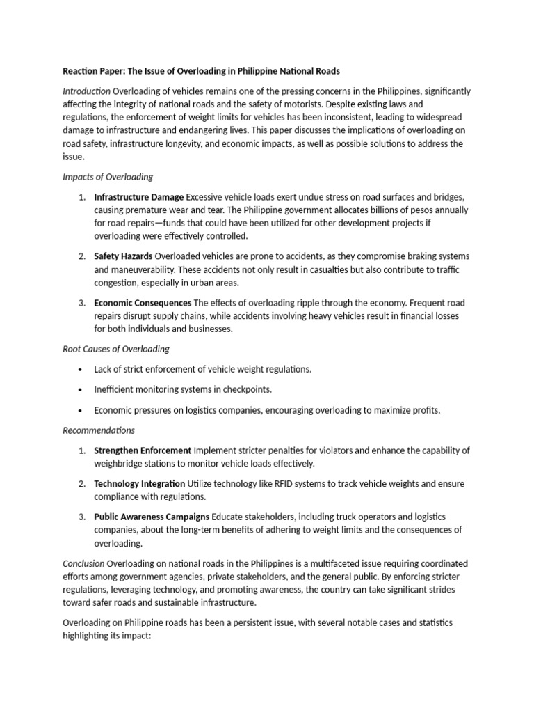 Reaction Paper - Overloading | PDF | Road | Regulatory Compliance