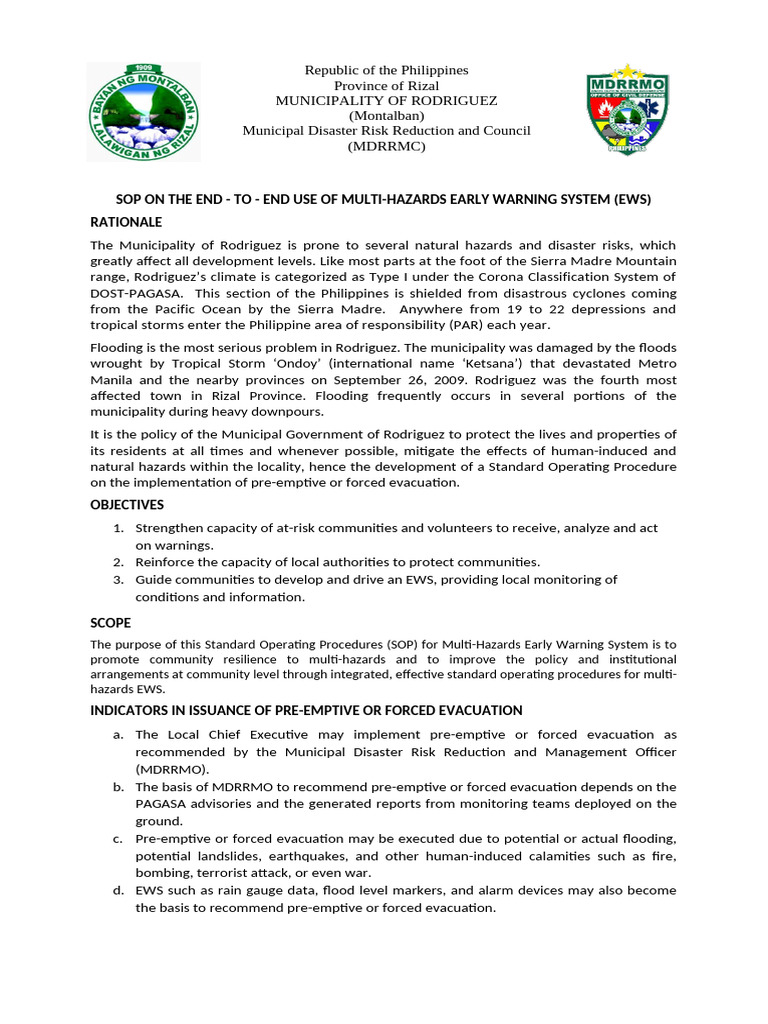 Rodriguez Multi-Hazards EWS SOP | PDF | Natural Disasters | Tropical ...