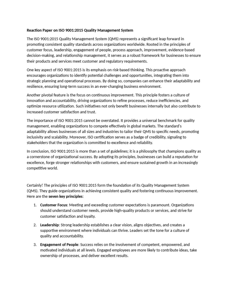 ISO 9001:2015 QMS Reaction Paper | PDF | Quality Management | Quality ...