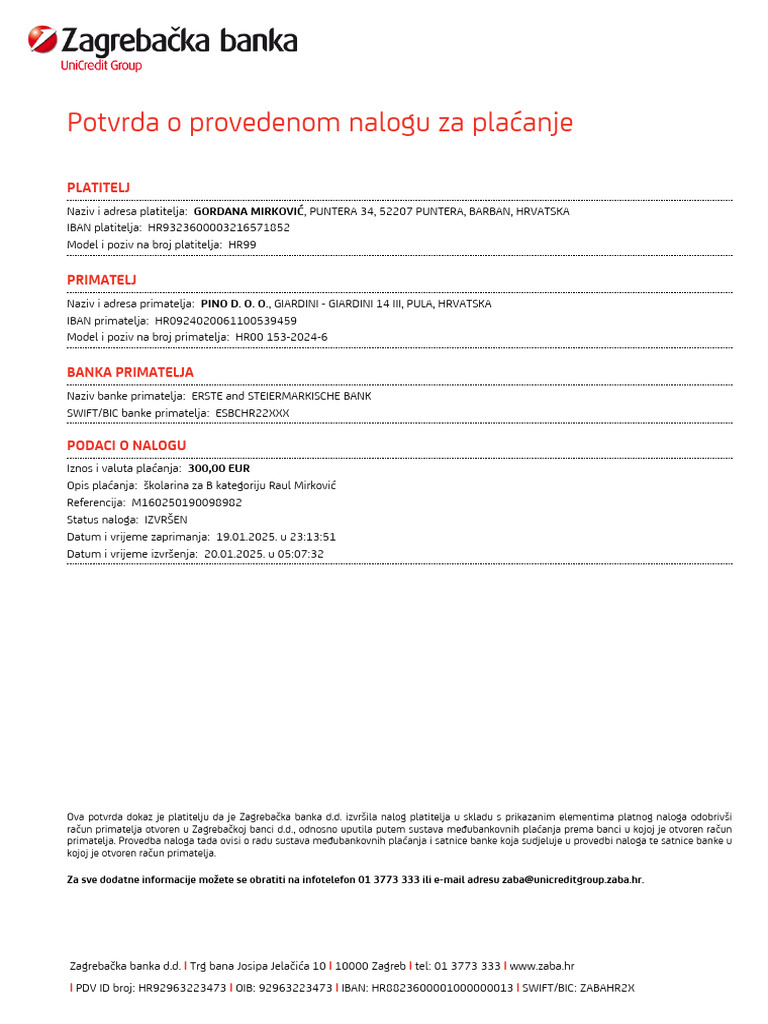 Potvrda o Provedenom Nalogu Za Plaćanje: Platitelj | PDF
