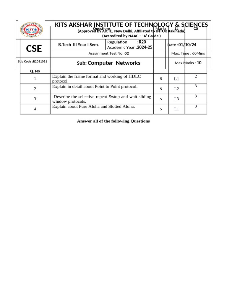 R20 Computer Netwoks Assignment QP | PDF