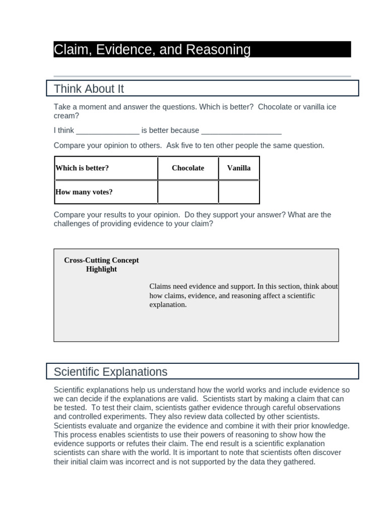 Claim, Evidence, and Reasoning Guide | PDF | Reason | Evidence