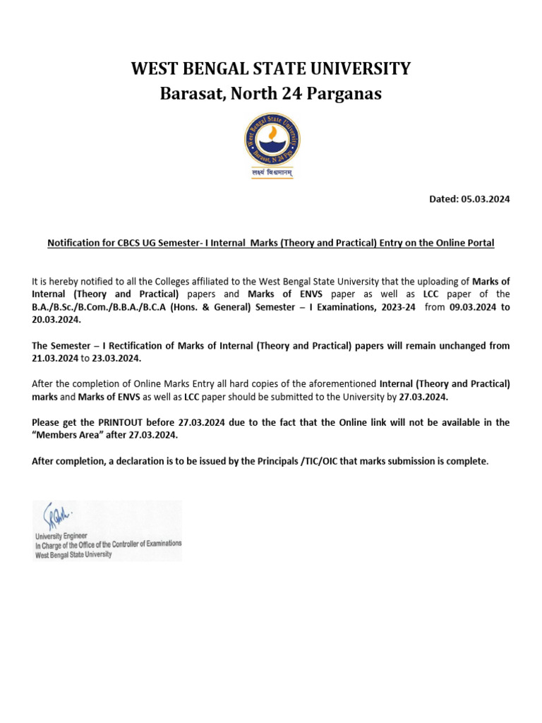 Notice For Internal Marks Entry in Online of Semester - I, 2023-24 | PDF