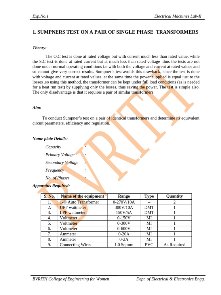 Exp. 1 Sumpner's Test | PDF | Transformer | Voltage