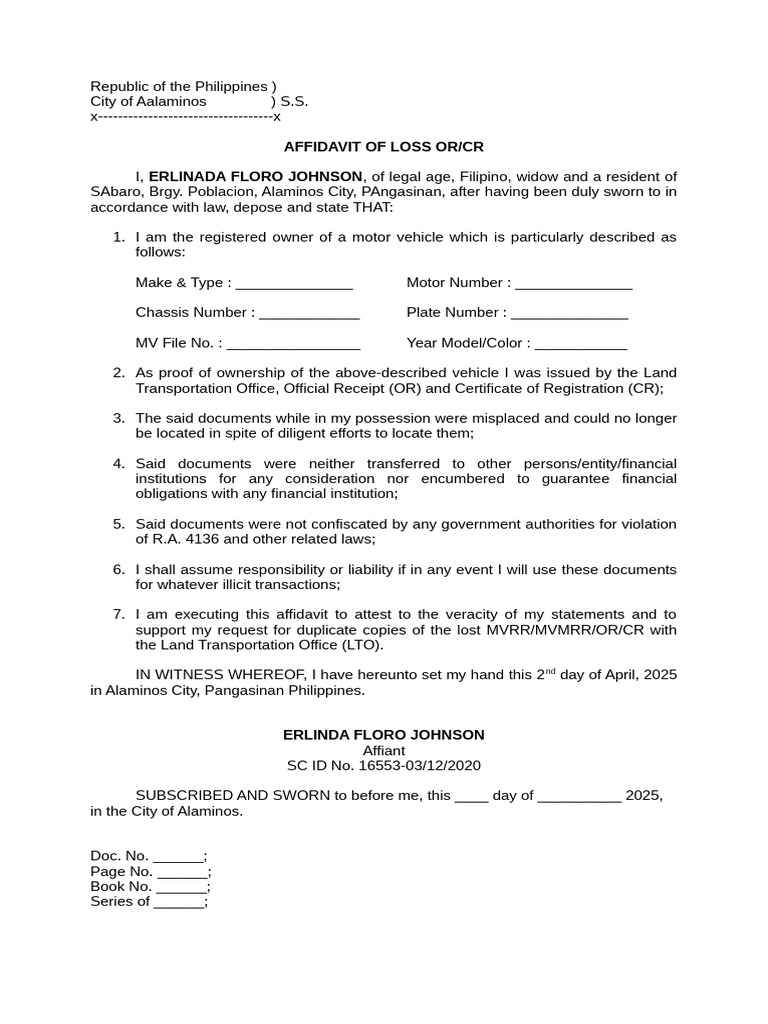 Affidavit of Loss or CR | PDF