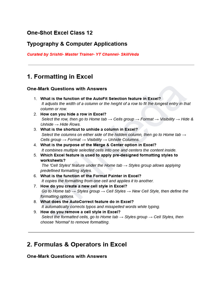 One-Shot Excel Chapter - Class 12 Typography & Computer Applications | PDF | Microsoft Excel | Chart