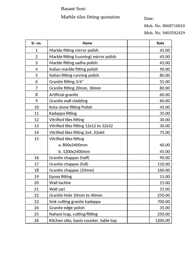 Basant Soni Marble Tiles Fitting Quotation: Sr. No. Name Rate | PDF