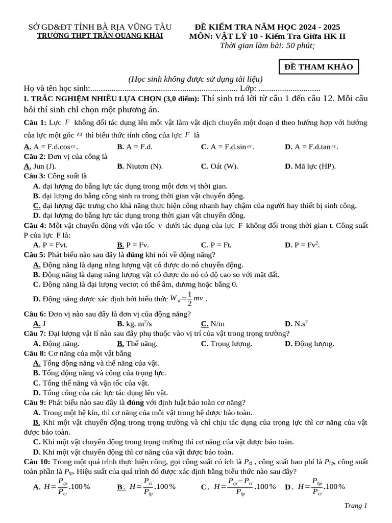 KTGK HK2 Lý 10 PH NG 2024 2025 | PDF