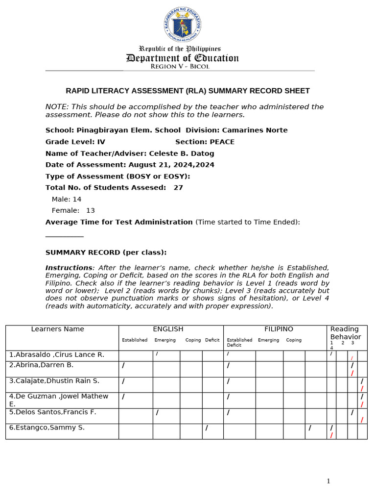 RLA Summary Record Sheet Bosy Assessment 4 Peace August 2024 | PDF ...
