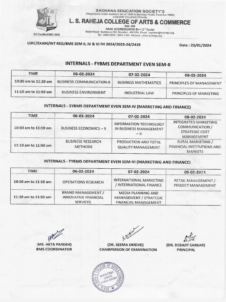 Bms Sem II IV Vi Internal Examination FH 2024 | PDF