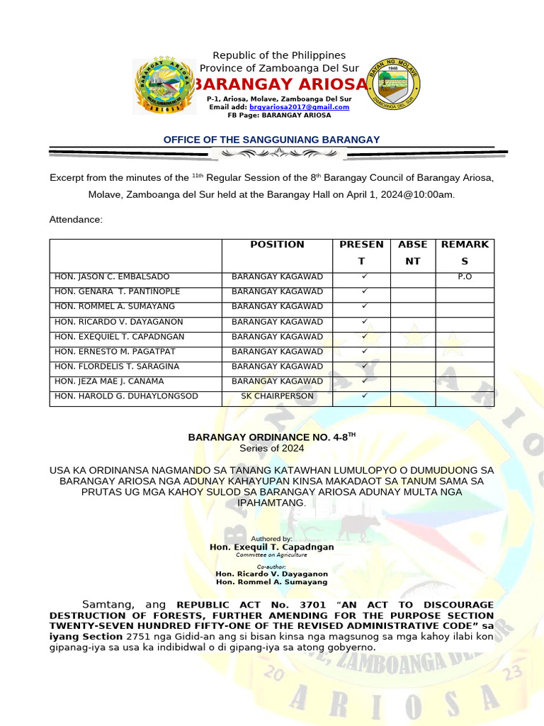 Barangay Ordinance No. 8-8TH - Pagsunog Sa Tanum | PDF