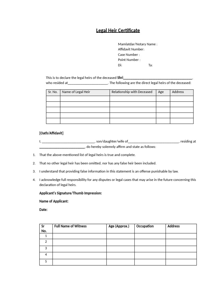 Legal Heir Certificate Affidavit Format | PDF | Affidavit | Justice