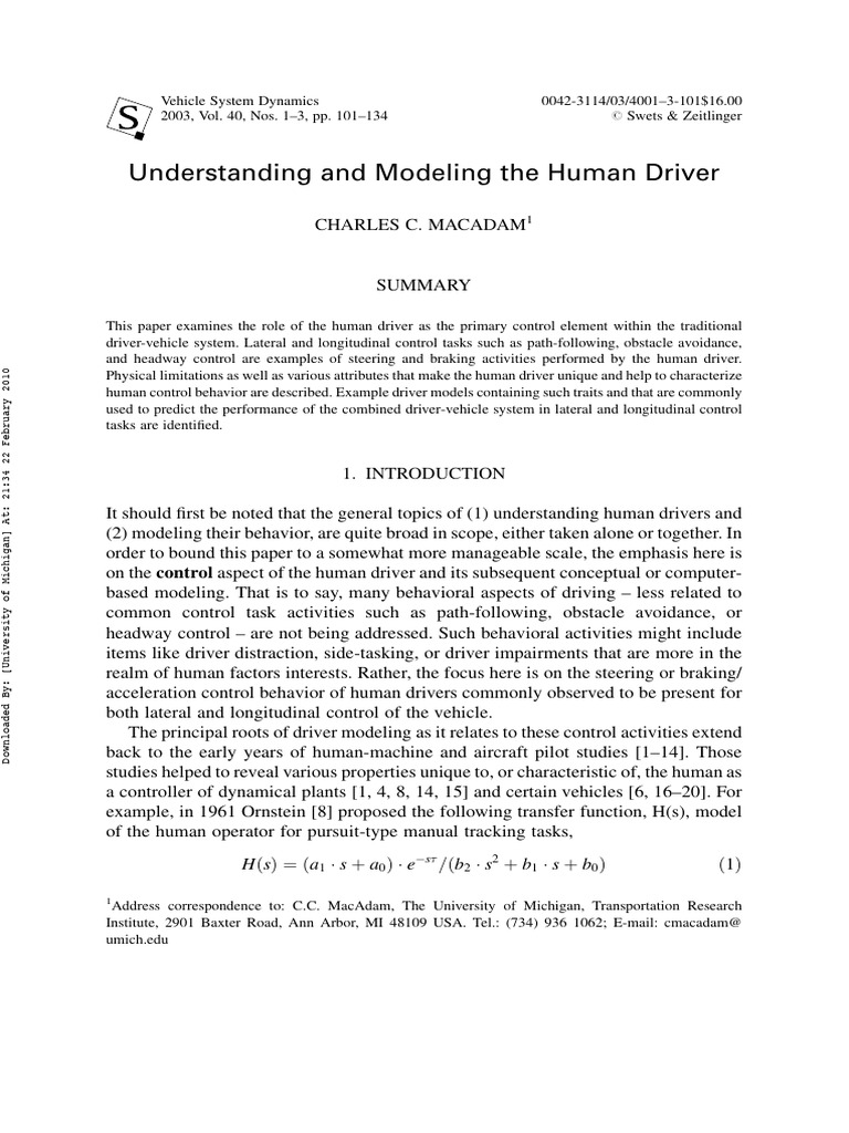 Understanding and Modeling the Human Driver | PDF | Senses | Neuroscience