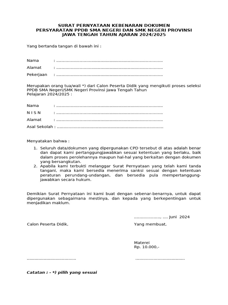Surat Pernyataan Kebenaran Dokumen | PDF