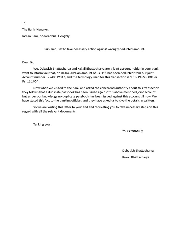 Bank Letter For Amount Deduction | PDF