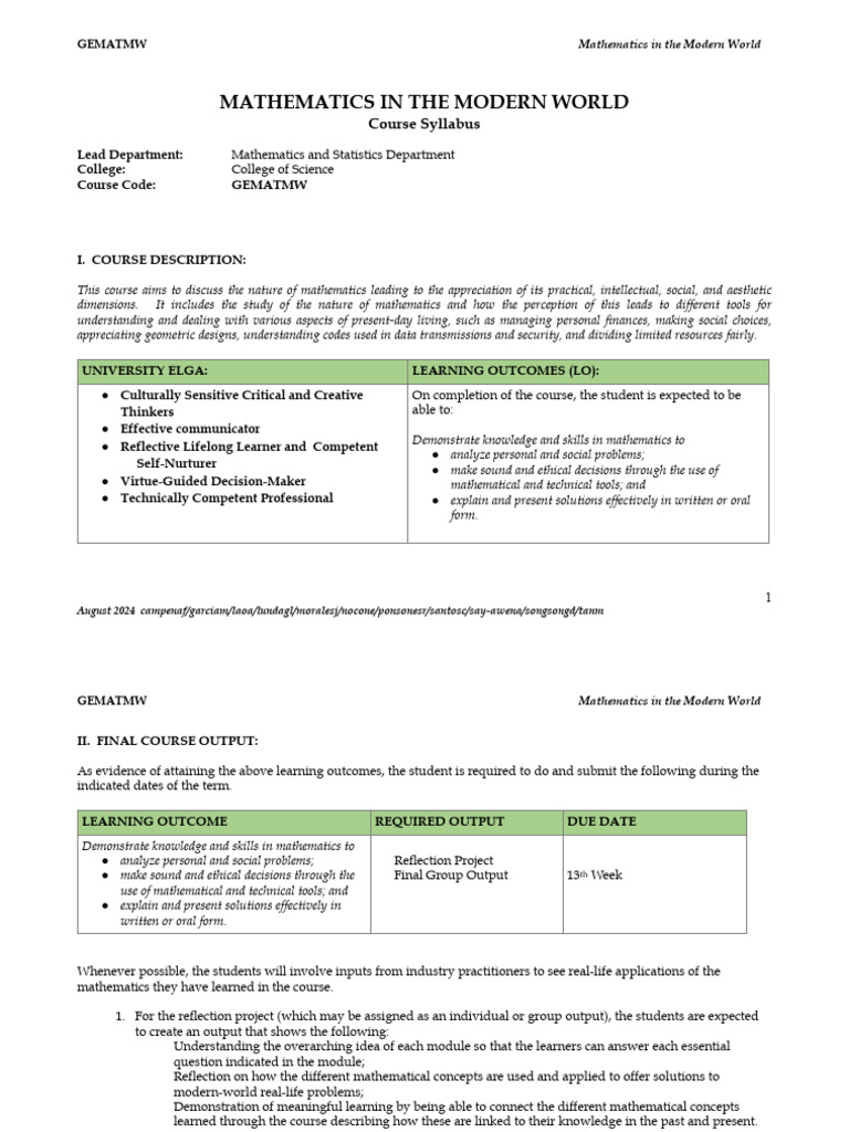 GEMATMW StudentCanvasSYLLABUS2024 | PDF | Mathematics | Argument