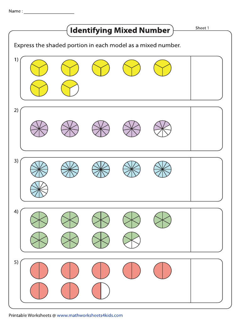 Fraction Models Identify Mixed Numbers 1 | PDF
