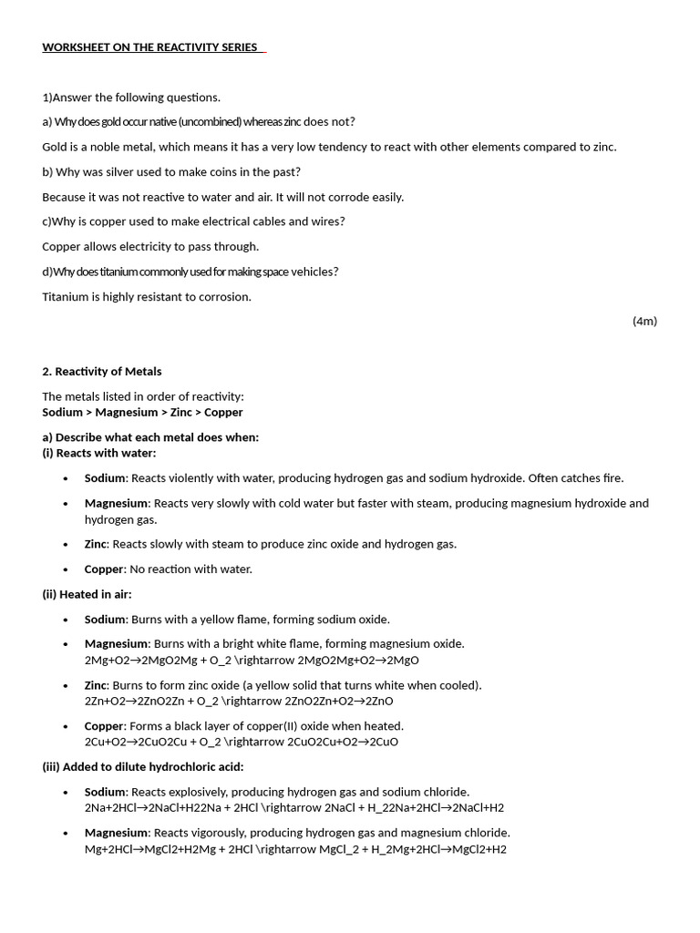 Reactivity Series of Metals Worksheet | PDF | Magnesium | Zinc