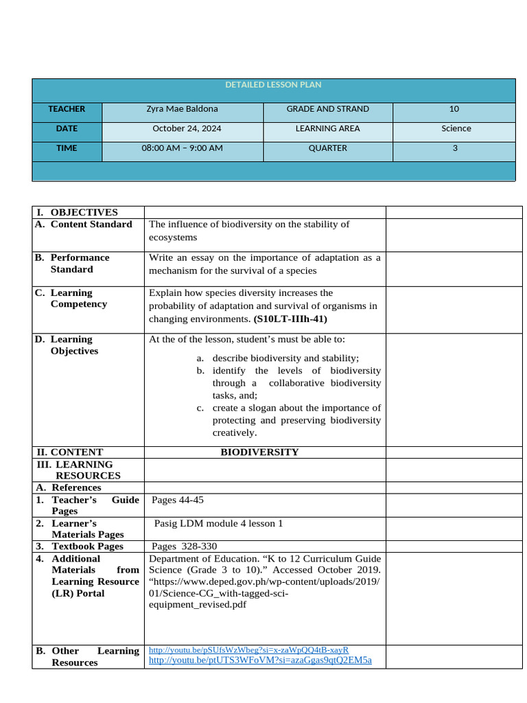 Biodiversity Lesson Plan for Grade 10 | PDF | Biodiversity | Ecology
