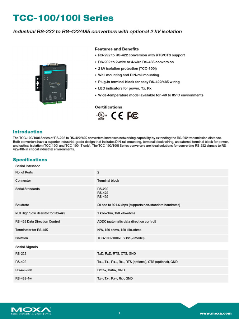 Moxa TCC 100 100i Series Datasheet v1.5 | PDF | Physical Layer Protocols | Computer Networking