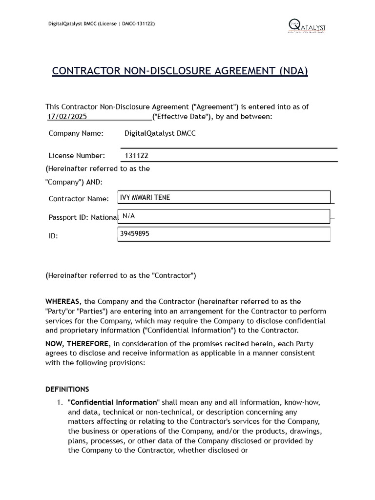2410 - DQ - Contractor Confidentiality Agreement - v3.5 1 (1) 1 | PDF ...