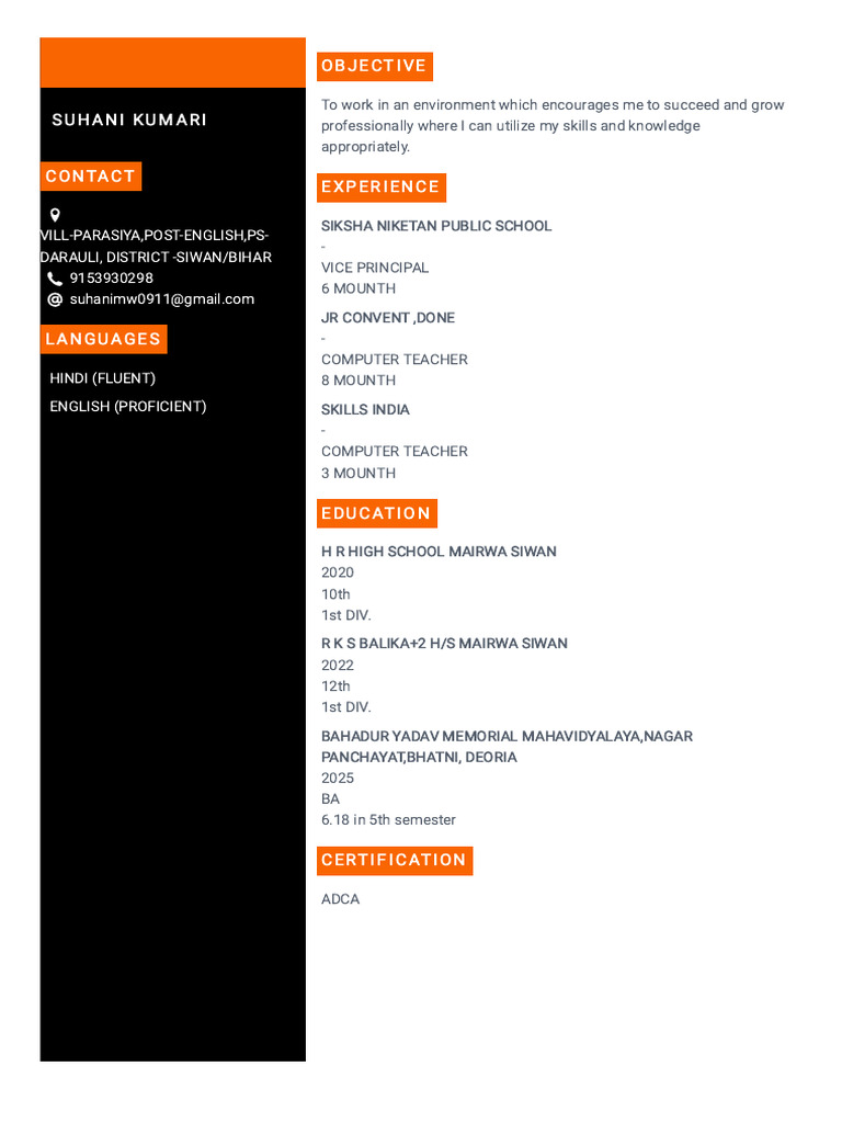 Professional Profile of Suhani Kumari | PDF