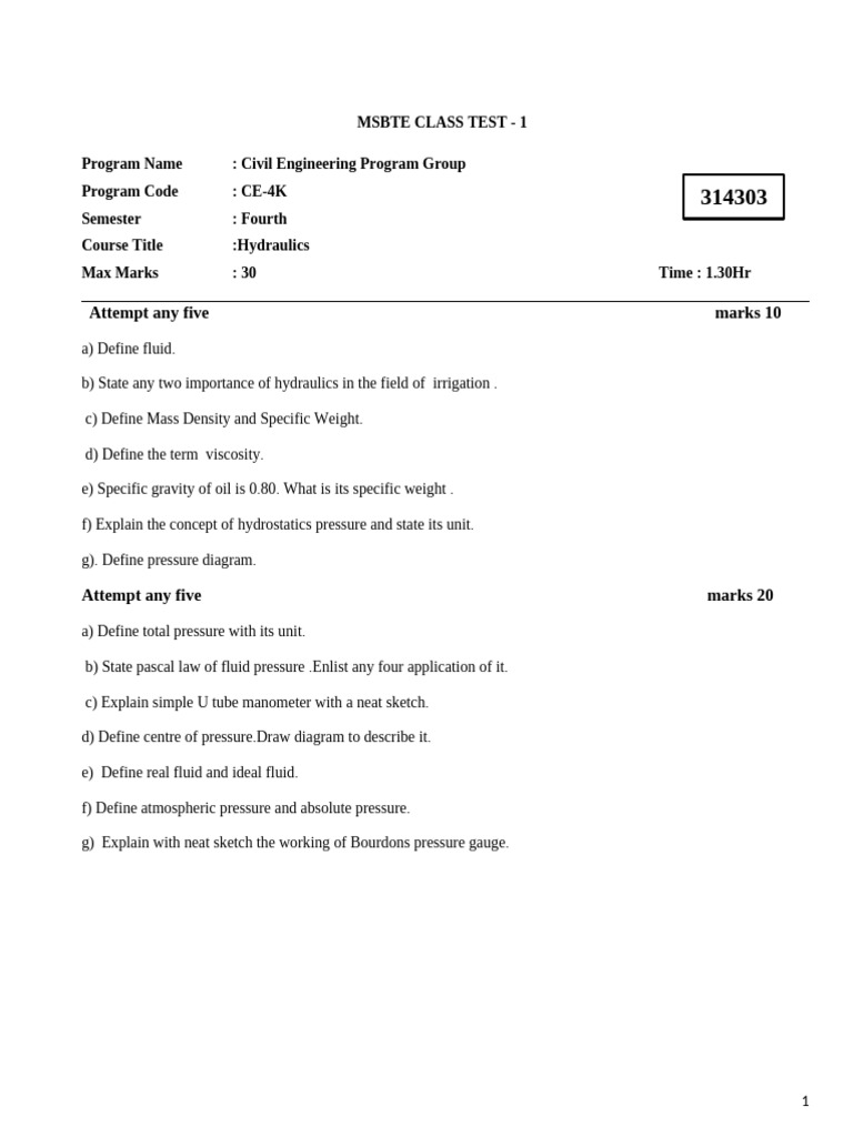 Hydraulics Class Test 1 | PDF