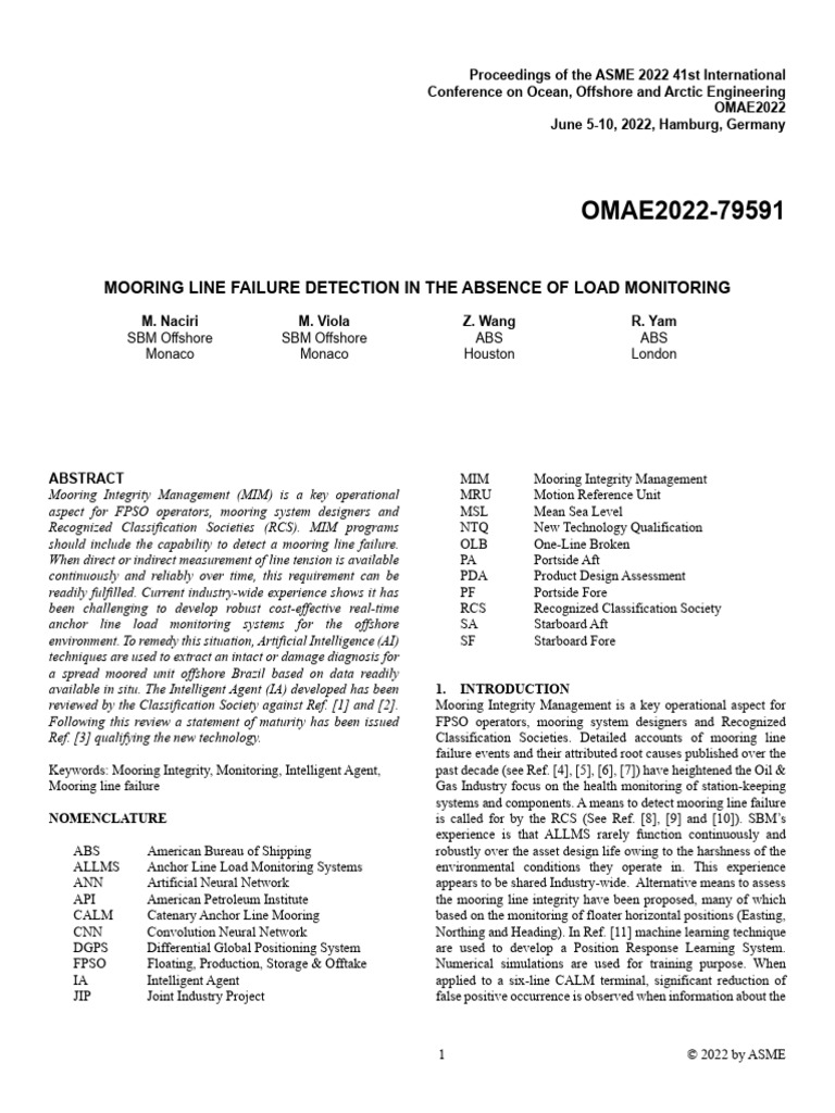 OMAE-2022-79591 - Mooring Line failure detection IA | PDF | Simulation | Accuracy And Precision