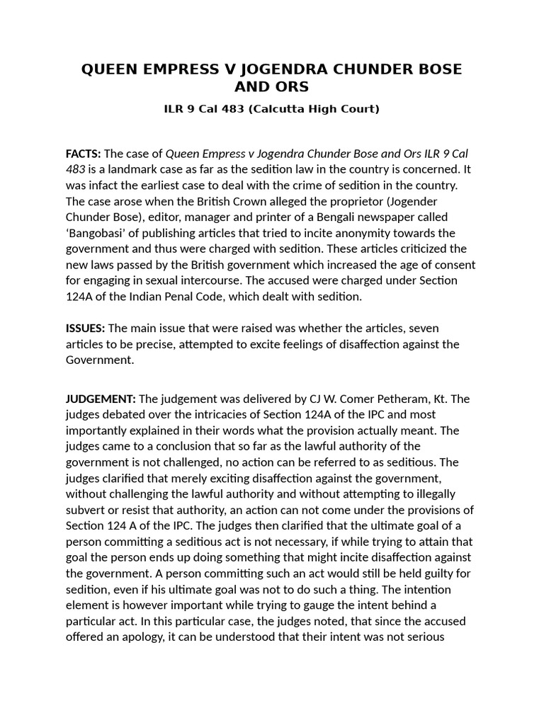 Queen Empress V Jogender Chunder Bose and Ors | PDF