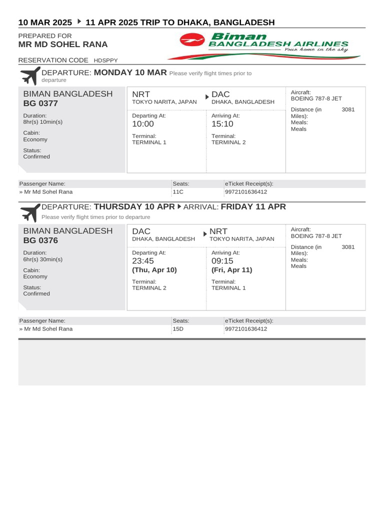 Travel Reservation March 10 For MR MD SOHEL RANA | PDF | Boeing | Aeronautics