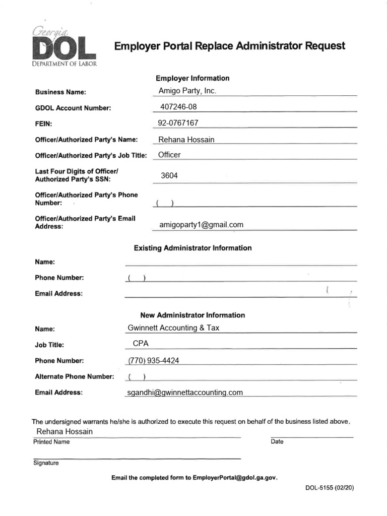 DOL Admin Change Form Incomplete | PDF