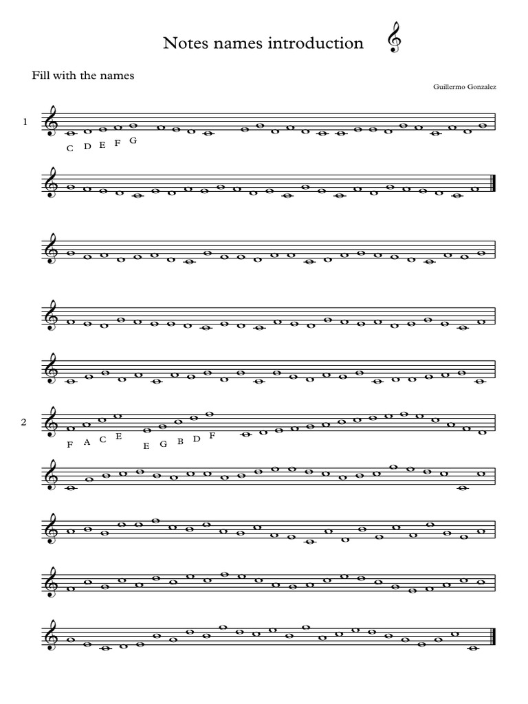 Notes Names Introduction (Treble Clef) | PDF