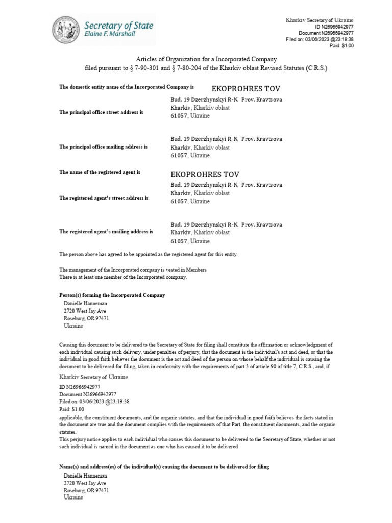 Ekoprohres Tov | PDF | Registered Agent | Justice