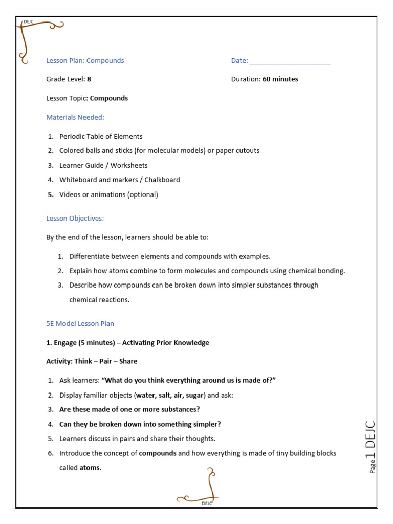 Grade 8 Lesson Plan: Compounds | PDF | Chemical Compounds | Chemical ...