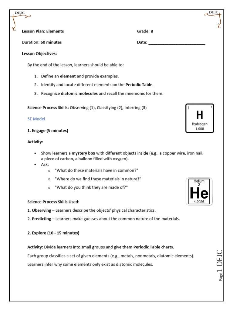Grade 8 Elements Lesson Plan | PDF | Chemical Elements | Periodic Table