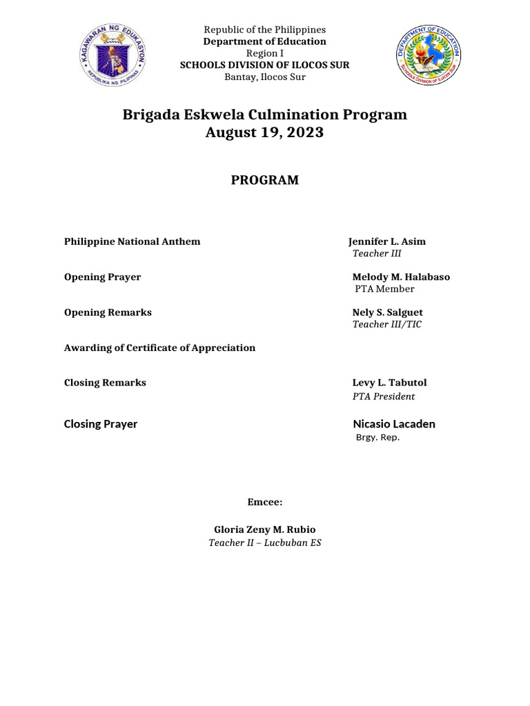 Brigada Eskwela Culmination Program | PDF