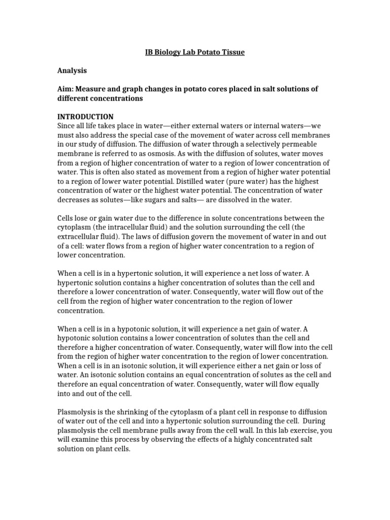 Ib Biology Lab Potato Tissue | PDF | Biology