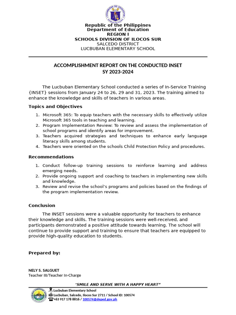 Accomplishment report INSET Jan 24,25,26,29,31, 2023 | PDF | Teachers ...