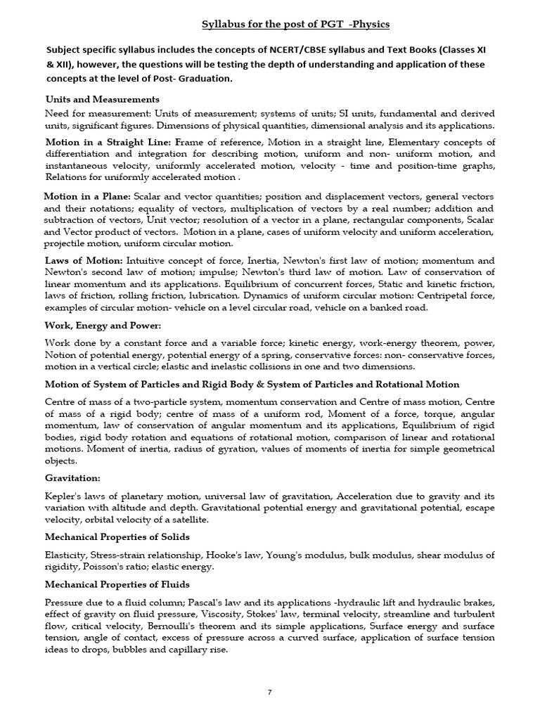 Kvs PGT Physics Syllabus | PDF | Force | Optics