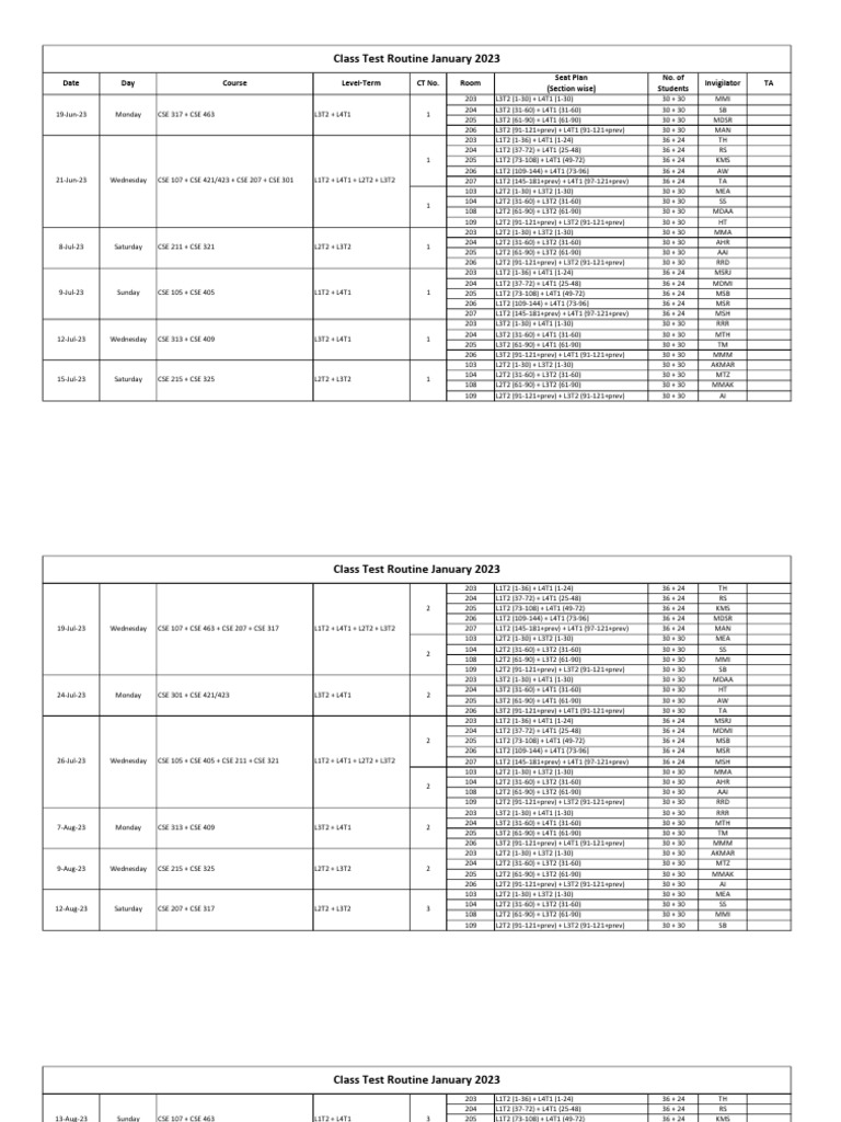 Class Test Schedule January 2023 | PDF