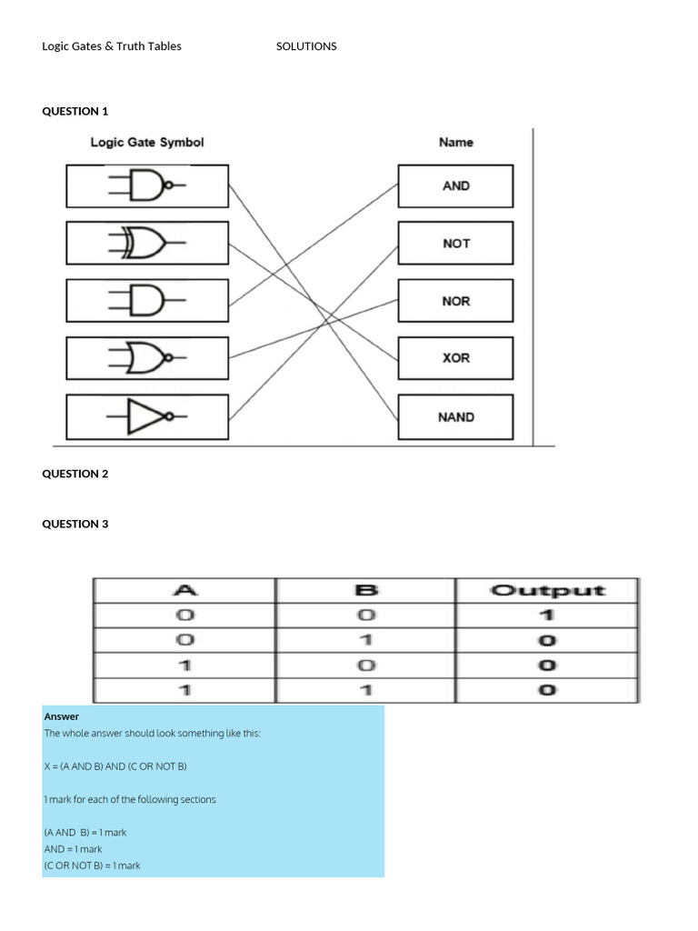 Logic Gates Worksheet Solutions | PDF