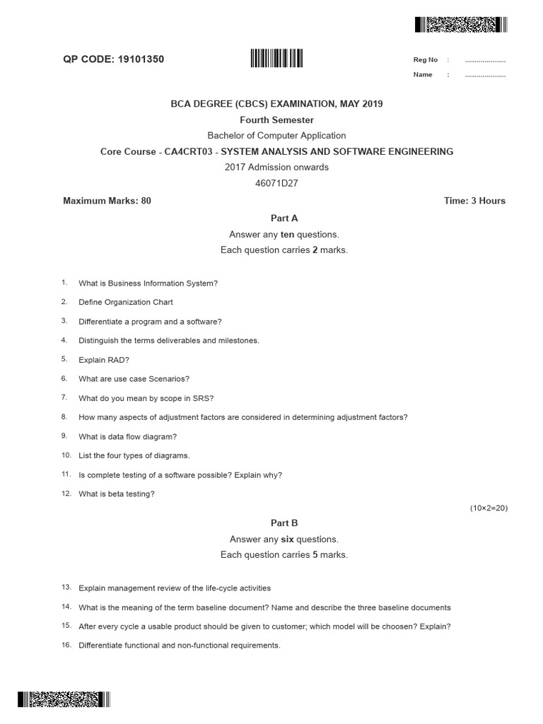 BCA System Analysis Exam Questions | PDF | Software Testing | Computing