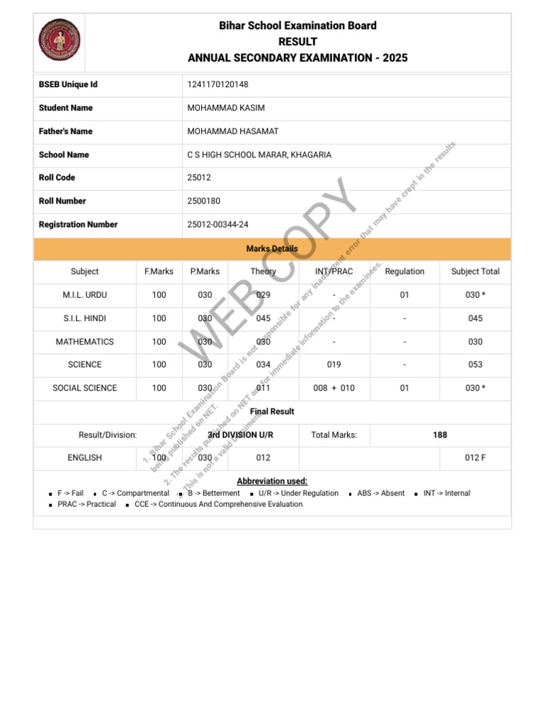 2025 Secondary Examination Result Pdf Secondary Education Student