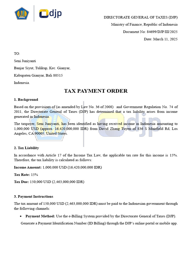 Bali Tax Payment Order for 2025 | PDF | Taxes | Taxation In The United ...