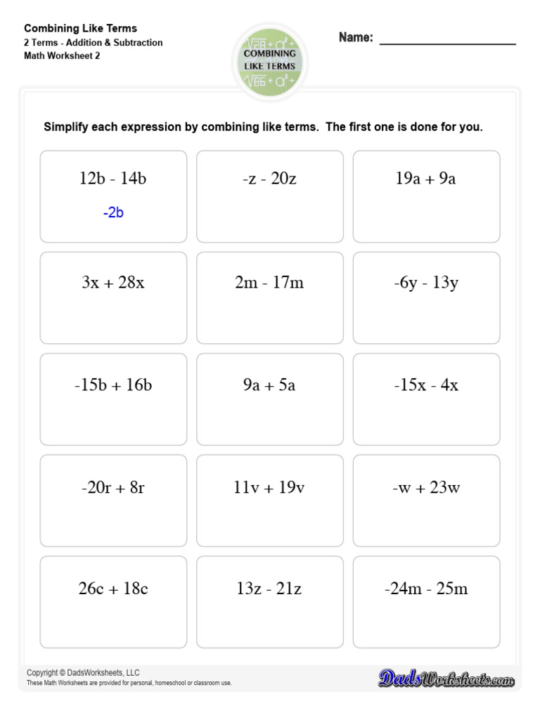 Combining Like Terms 2 Terms Addition Subtraction v2 | PDF