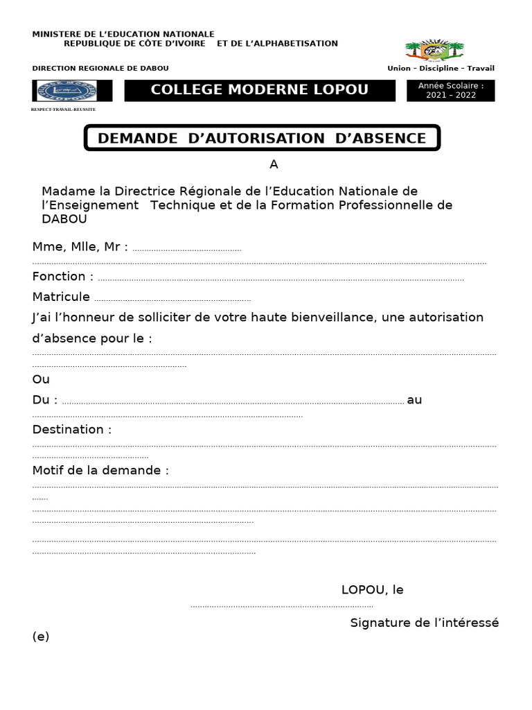 Autorisation D'absence - Administratifs - 2020 - 2021 | PDF