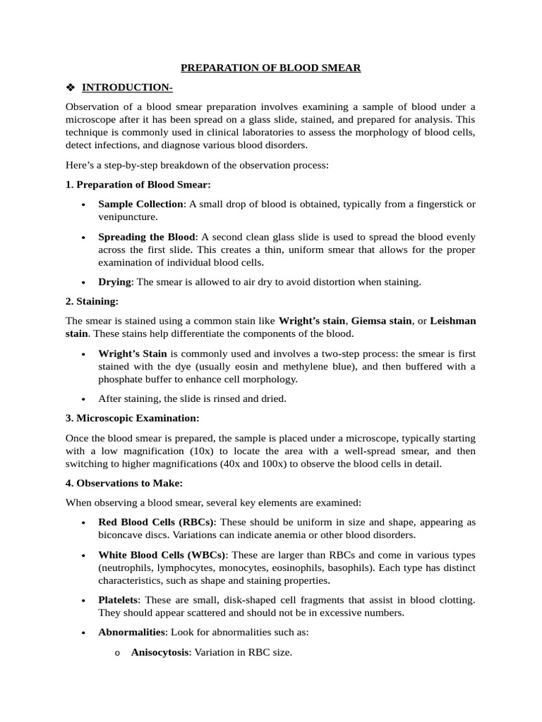 PREPARATION OF BLOOD SMEAR Uplode | PDF | White Blood Cell | Staining