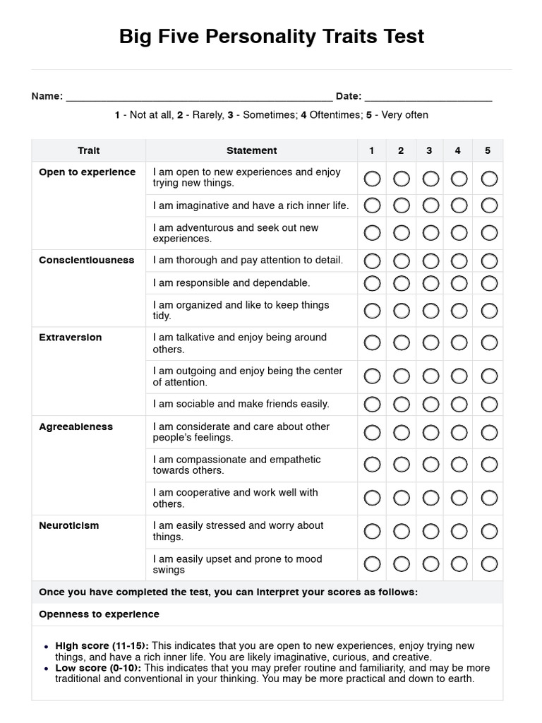 Big Five Personality Traits Assessment | PDF | Extraversion And ...